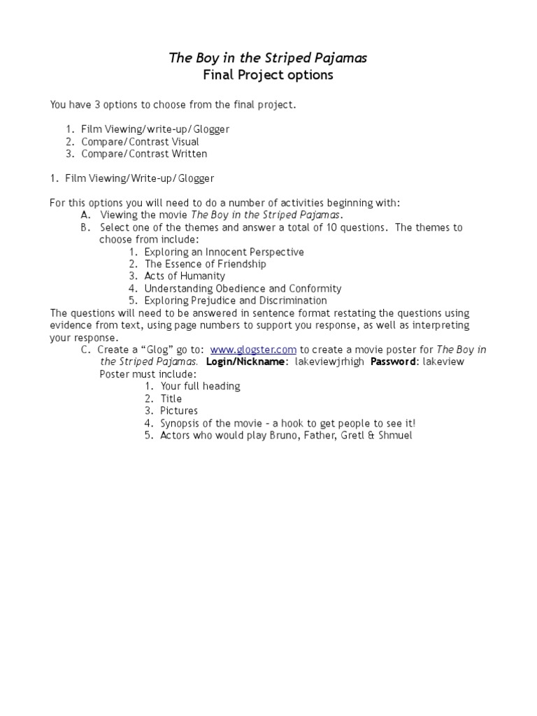 Final Project Ideas for Striped Pajamas | PDF | Language Arts & Discipline