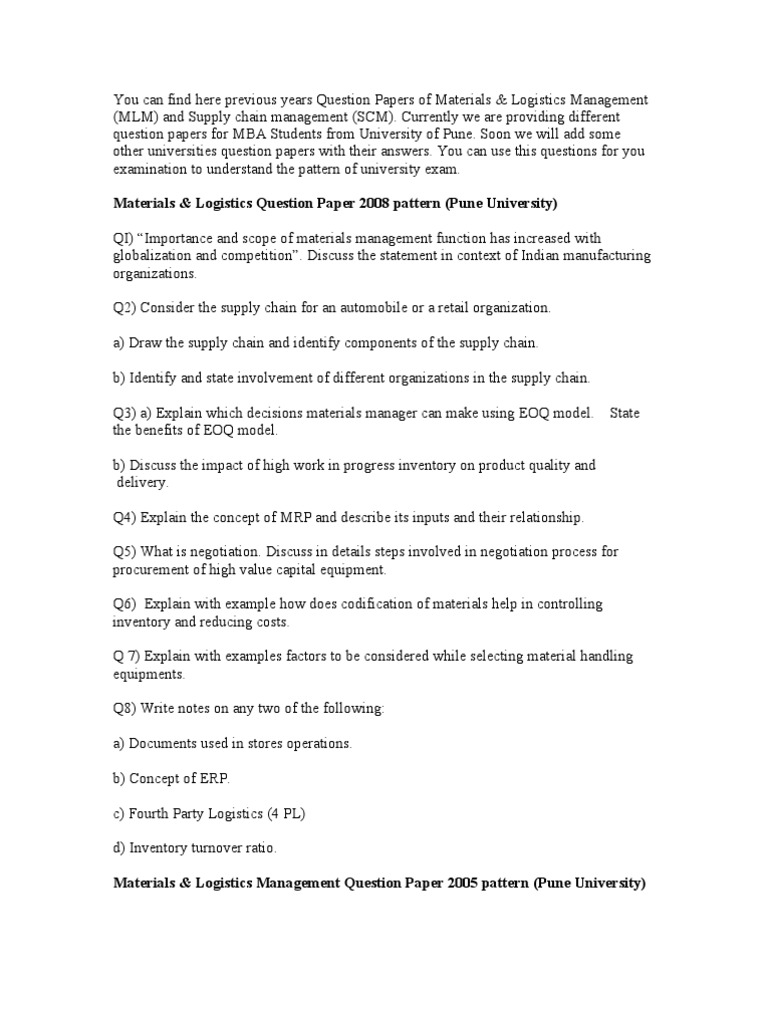 MLM Question Paper Pattern (Pune University) | PDF | Inventory | Logistics