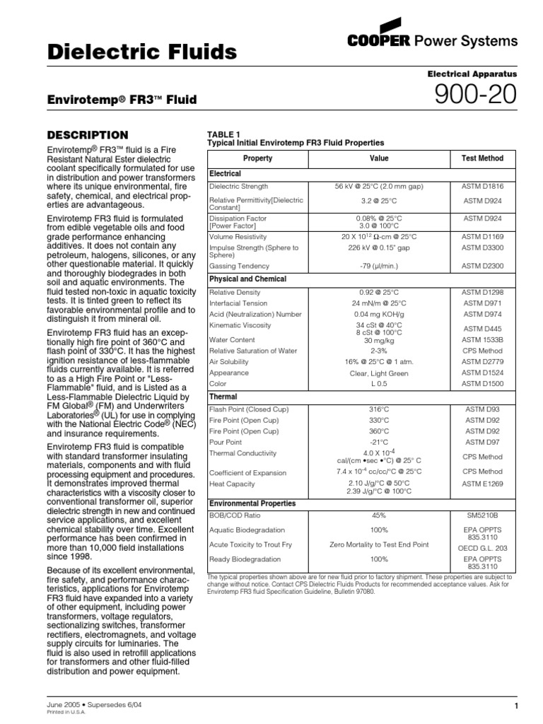 Envirotemp FR3-Data Sheet | PDF | Transformer | Fuse (Electrical)