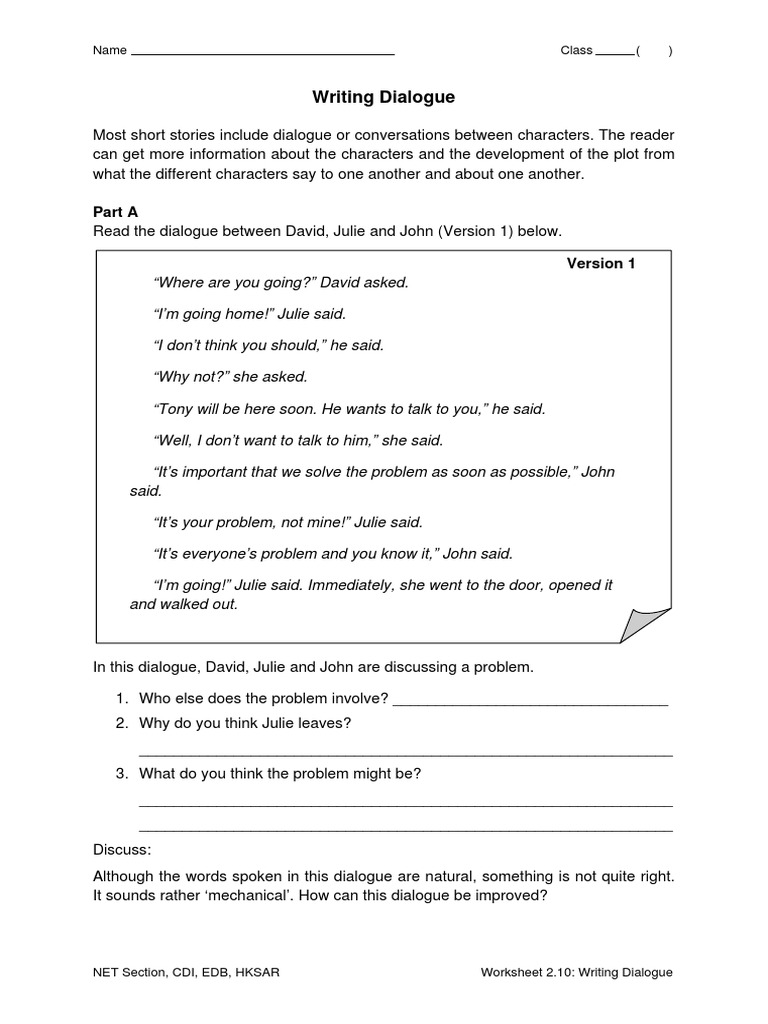 Worksheet 2.10 - Writing Dialogue | PDF | Dialogue