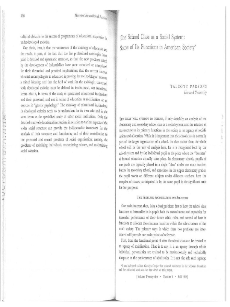 Parsons Talcott - The School Class As A Social System Some of Its ...