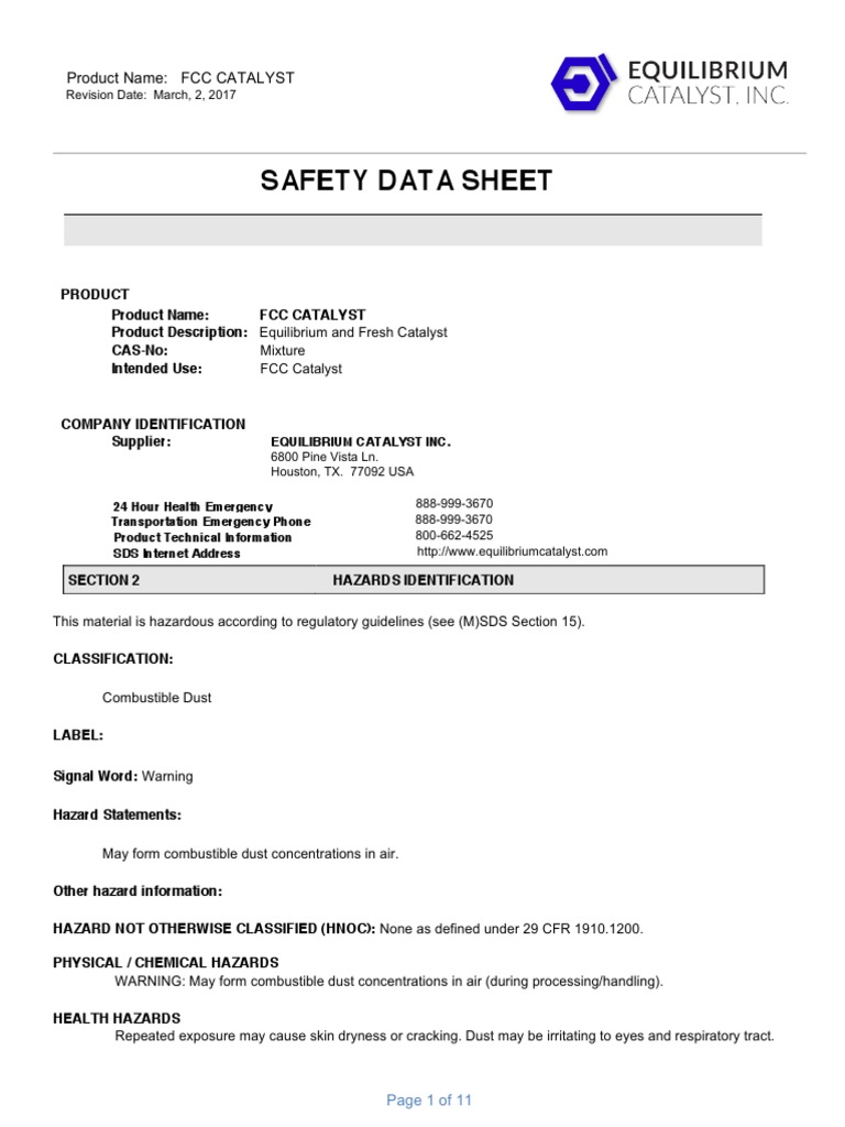 Safety Data Sheet: Product Name: FCC CATALYST | PDF | Firefighting ...