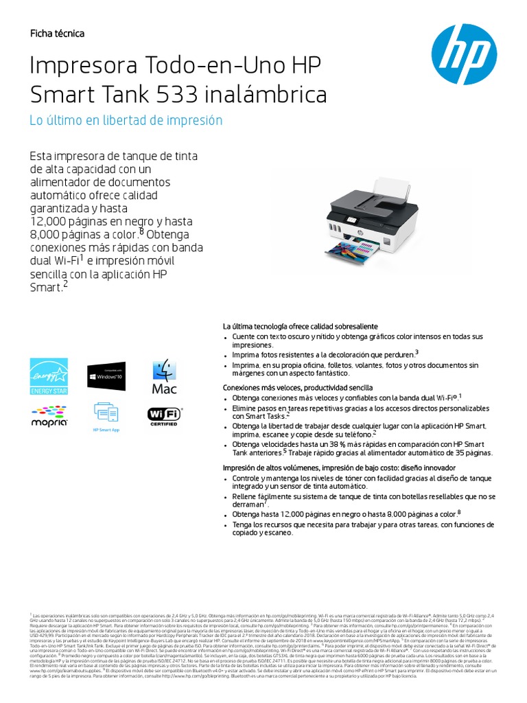 Impresora HP Smart Tank 533 Especificaciones | PDF | Impresora ...