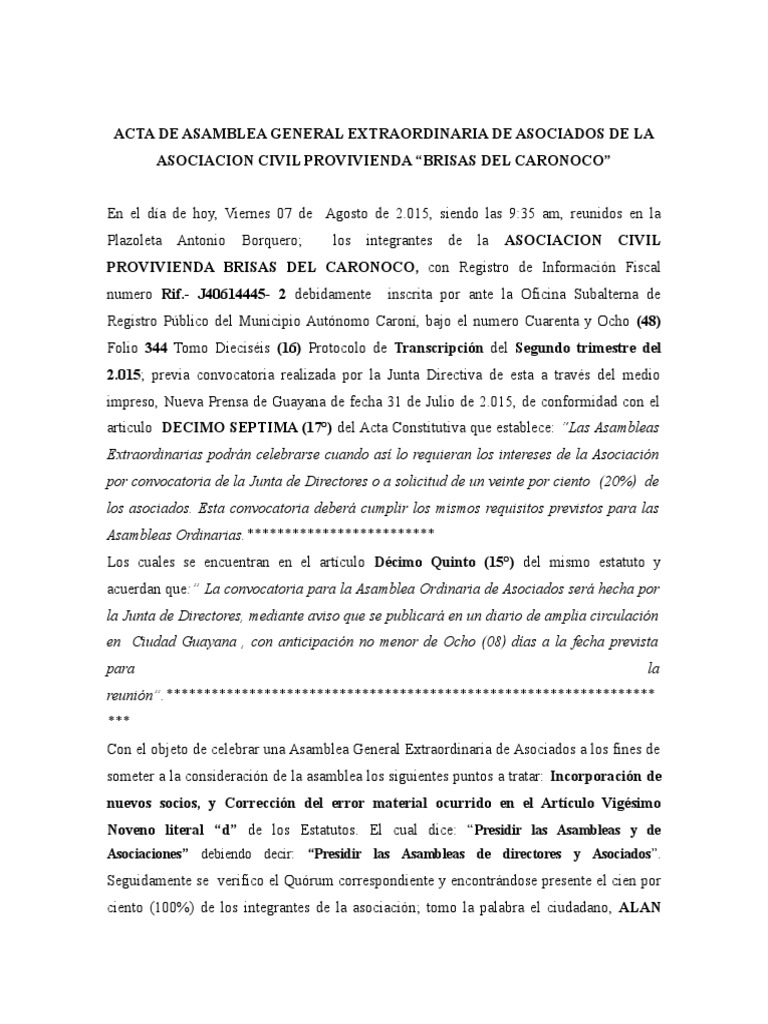 Acta de Asamblea General Extraordinaria de Asociados de La Asociacion Civil Provivienda | PDF ...
