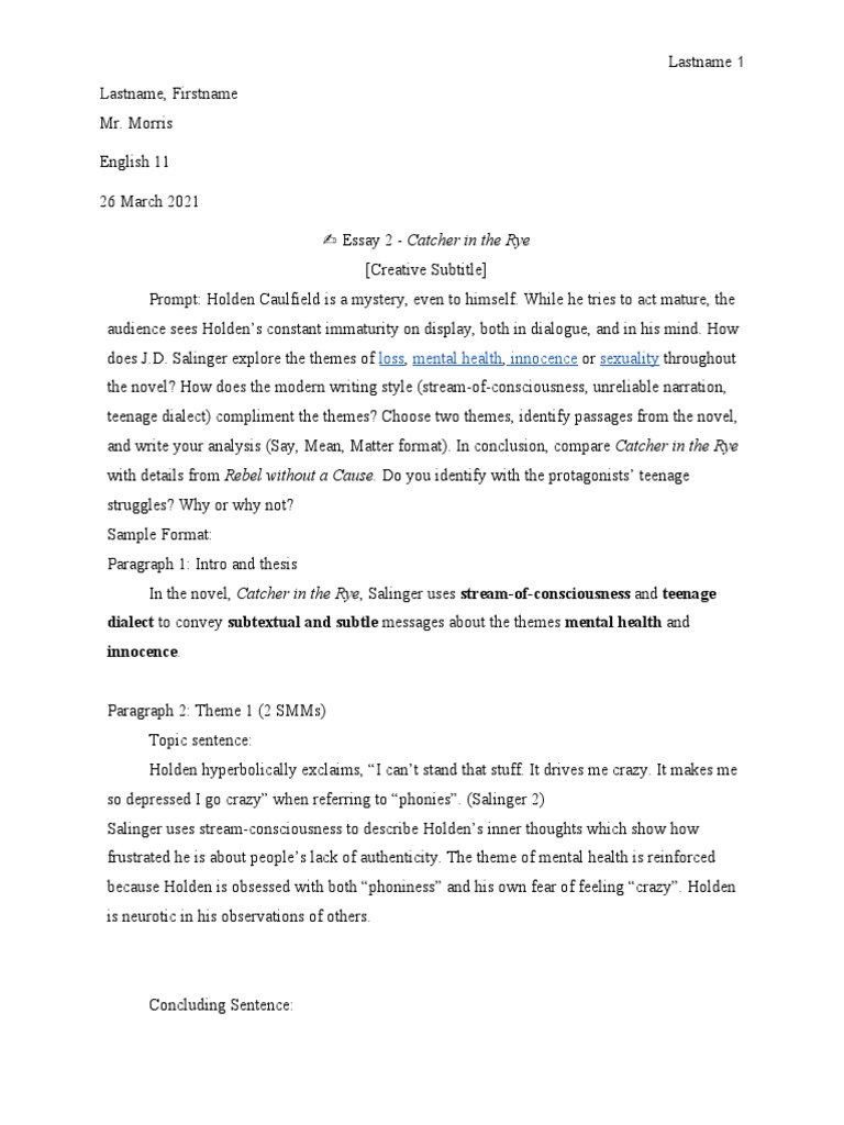 Catcher in The Rye: Loss Mental Health Innocence Sexuality | PDF | J. D ...