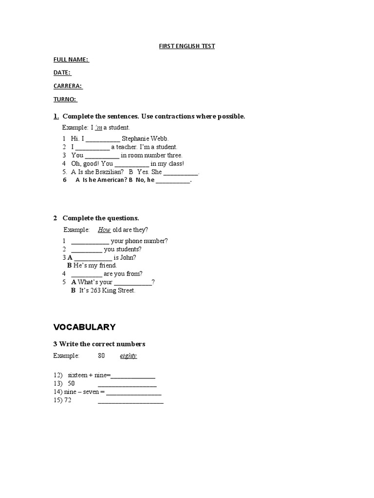 Complete The Sentences. Use Contractions Where Possible | PDF | English ...