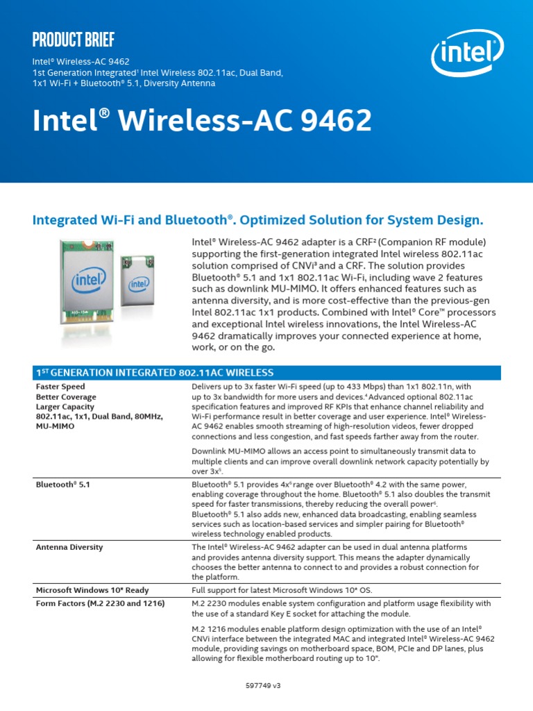 Intel® Wireless-AC 9462: Product Brief | PDF | Ieee 802.11 | Wi Fi