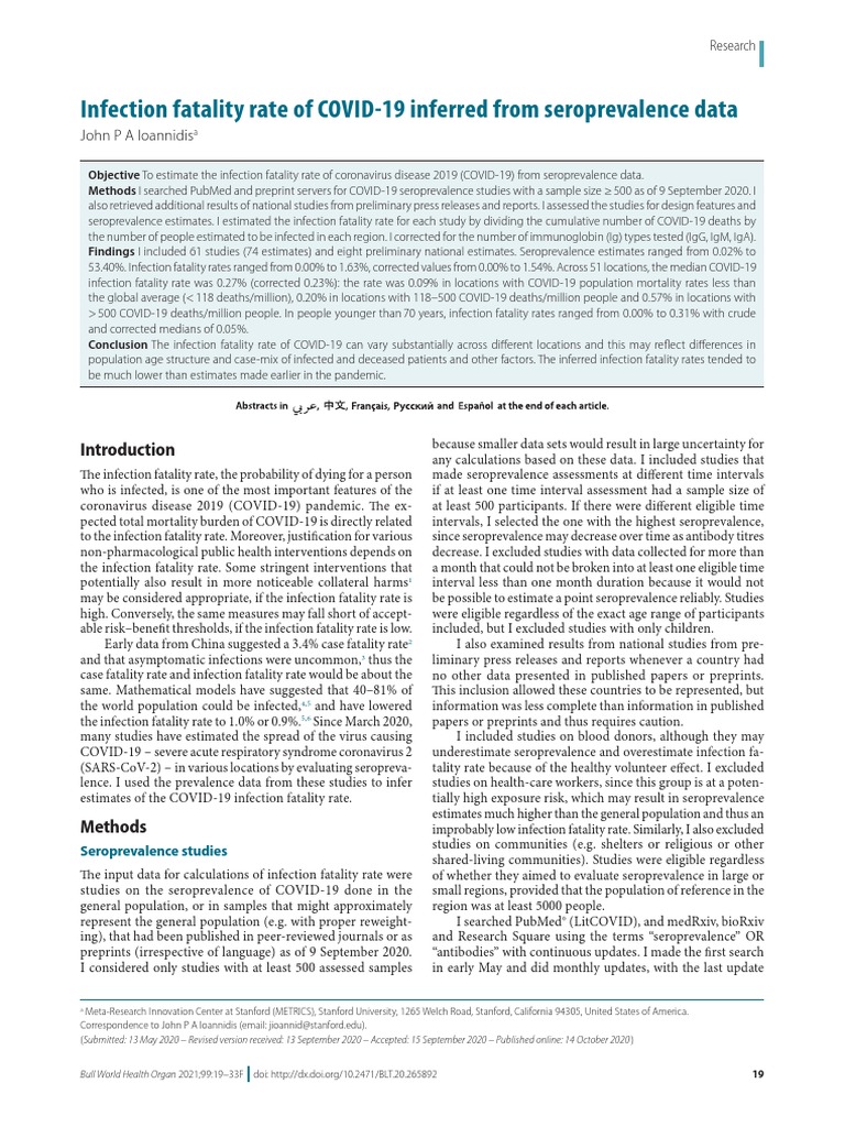 Infection Fatality Rate of COVID-19 Inferred From Seroprevalence Data ...