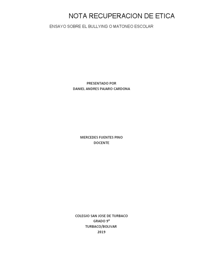 Ensayo Sobre El Bullying o Matoneo Escolar | PDF