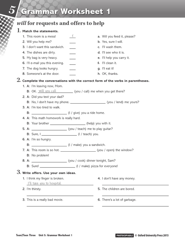 Grammar Worksheet 1: For Requests and Offers To Help | PDF