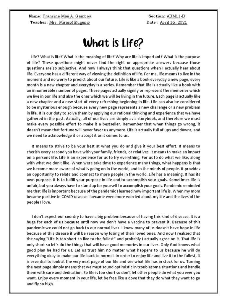 Essay-What Is Life | PDF | Meaning Of Life | Science