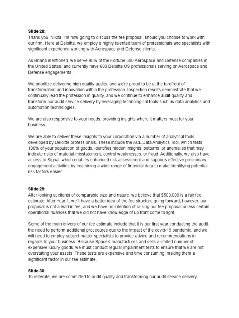 Deloitte Mock Client Proposal Speech | PDF | Audit | Risk