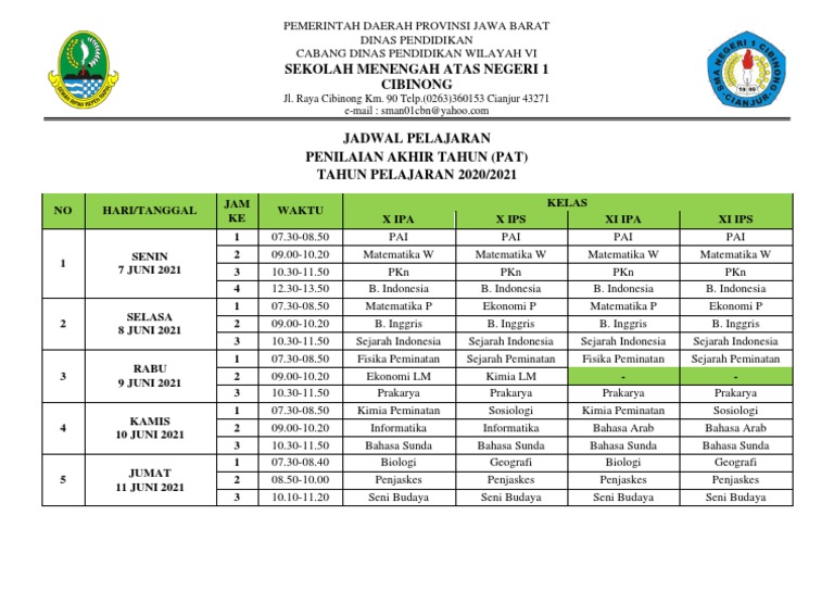 Jadwal Pelajaran PAT 2021 | PDF