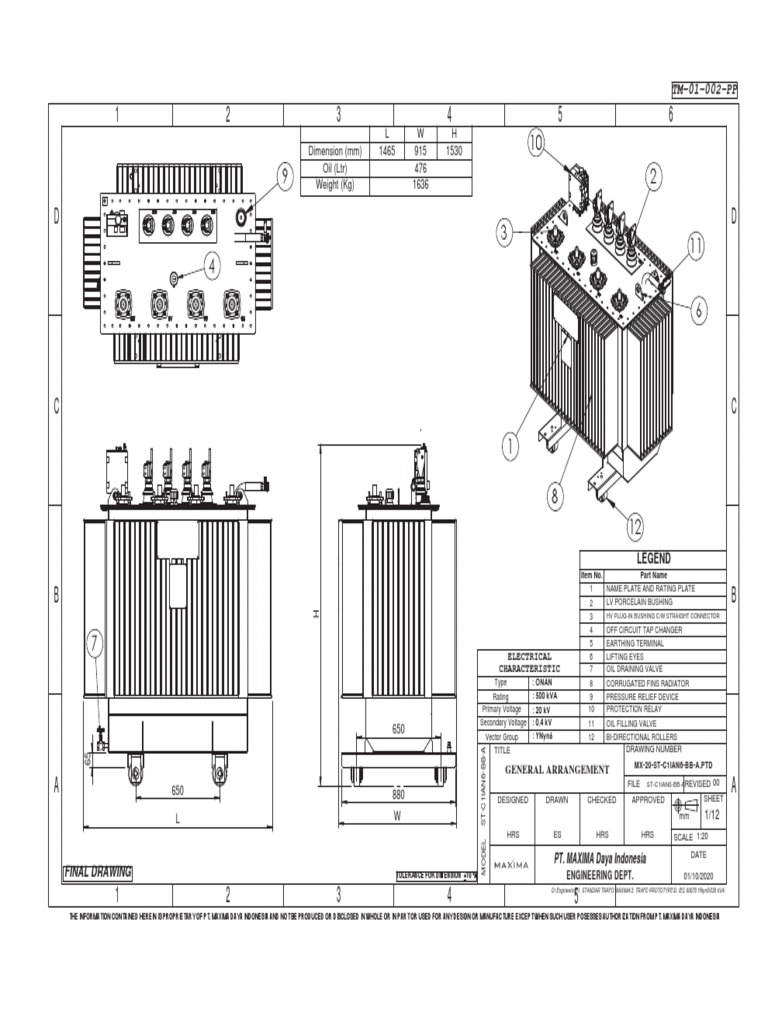 OUTLINE DRAWING DRAWING 500kVA YNyn6 | PDF | Transformer | Electricity
