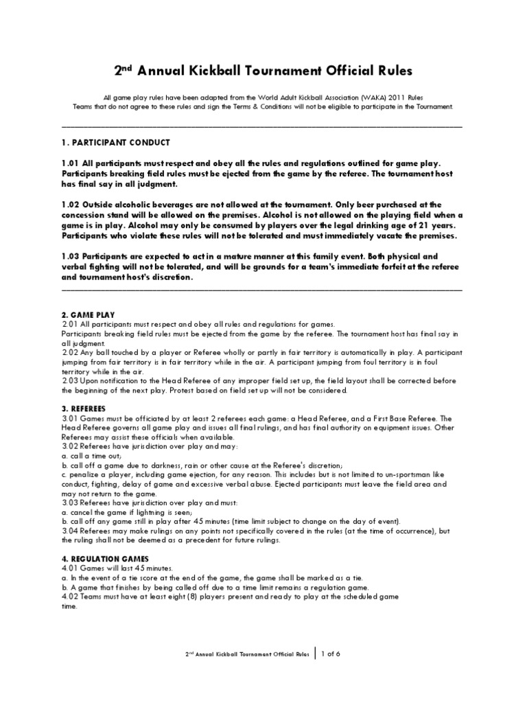 Kickball Tournament Official Rules - Terms 2011 | PDF | Baseball Field ...