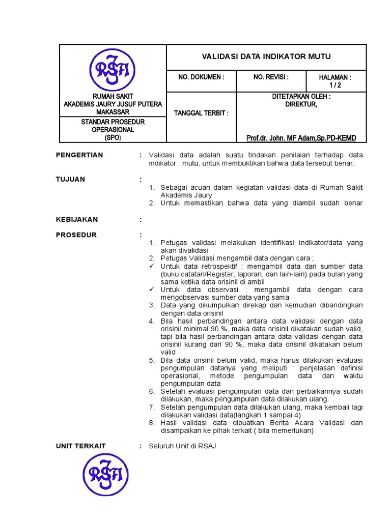 Spo Validasi Data Indikator Mutu | PDF