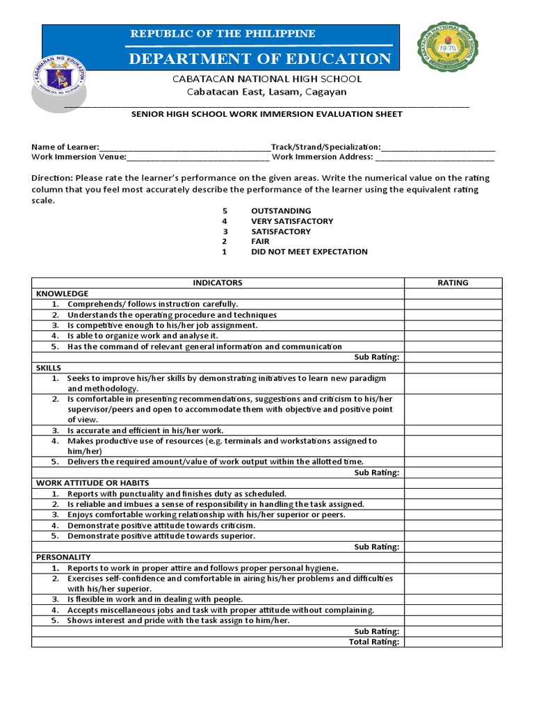 Work Immersion Evaluation Sheet | PDF | Human Nature | Learning