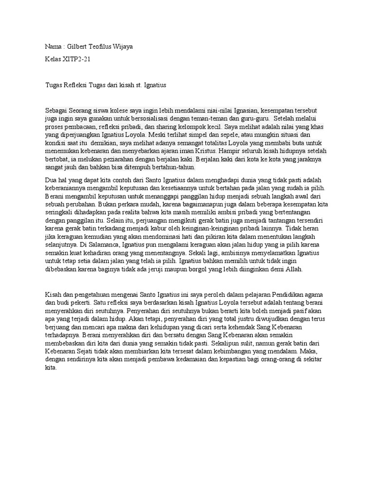 Tugas Refleksi Dari Kisah St. Ignatius Gilbert XITP2-21 | PDF