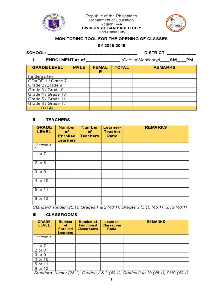 Class Opening Monitoring Tool 2018-2019 | PDF | Kindergarten ...