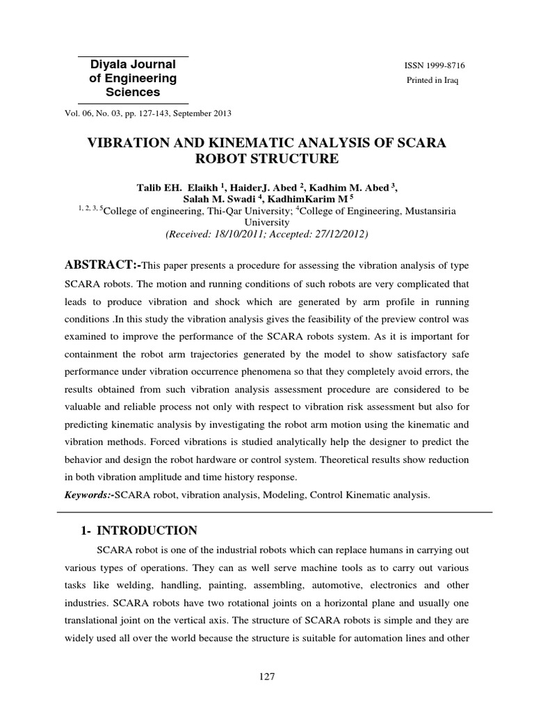 Vibration and Kinematic Analysis of Scara Robot Structure: Diyala Journal of Engineering ...