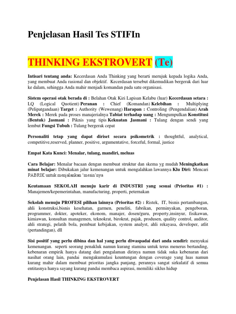 Memahami Thinking Extrovert dalam STIFIn | PDF | Karier & Perkembangan