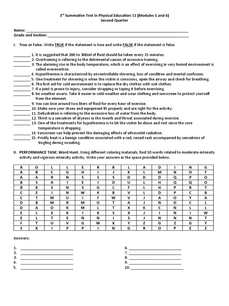3rd and 4th Summative Test in Physical Education 11 - 2nd Quarter | PDF ...