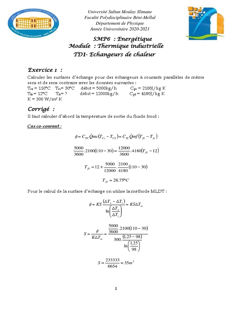 TD1 SMP6 20-21 Corrigé | PDF | Échangeur de chaleur | Transfert thermique