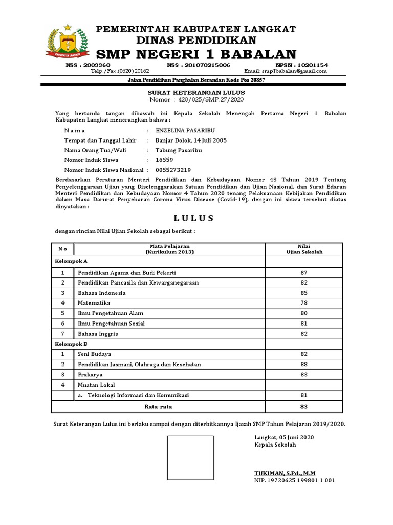 Surat Keterangan Lulus SMP N 1-2020 | PDF
