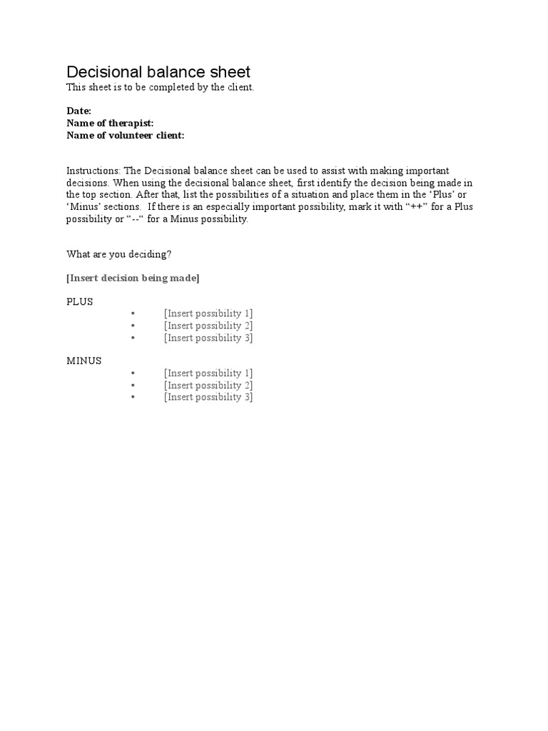 Decisional Balance Sheet Template | PDF