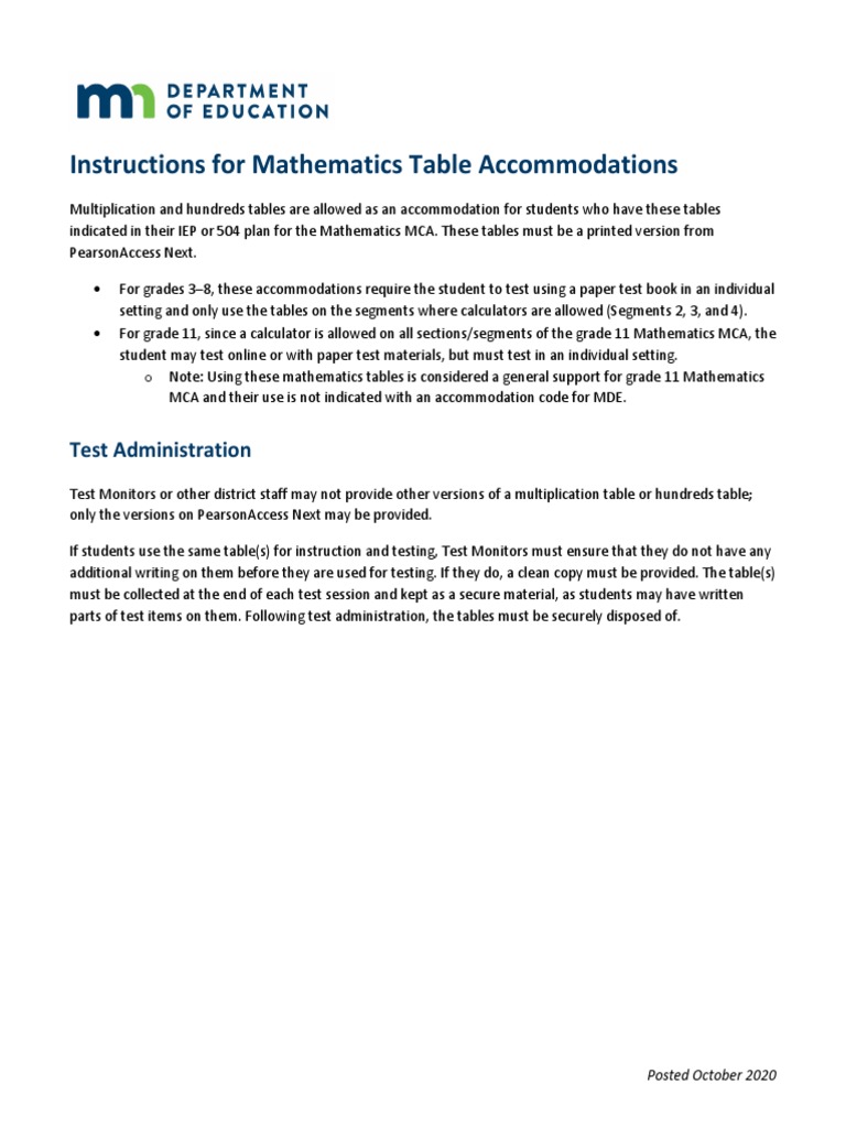 Instructions For Mathematics Table Accommodations: Test Administration ...