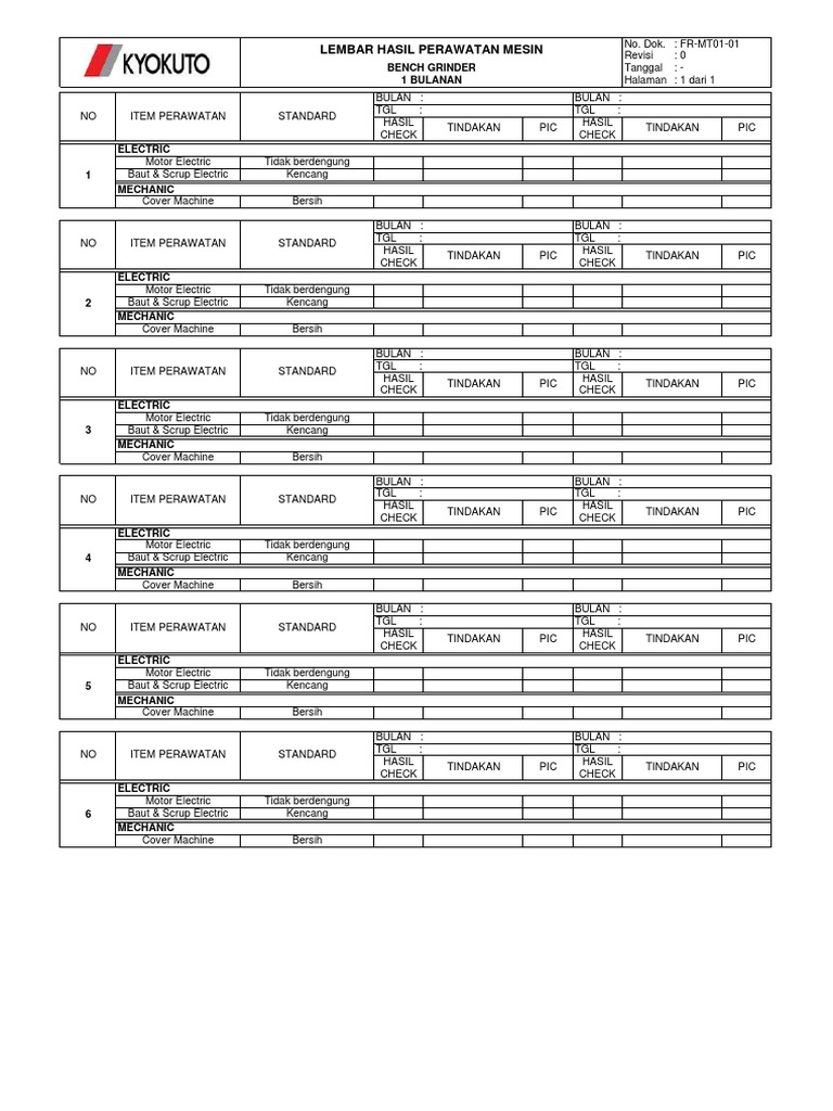 Maintenance Records for Bench Grinder | PDF