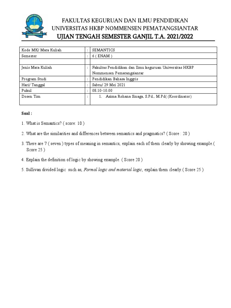 Soal UTS Mata Kuliah Semantics 2021 | PDF