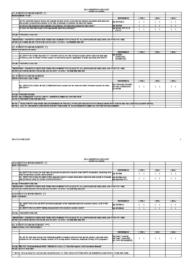 2014 Asbestos Management Checklist | PDF | Purified Water | Valve
