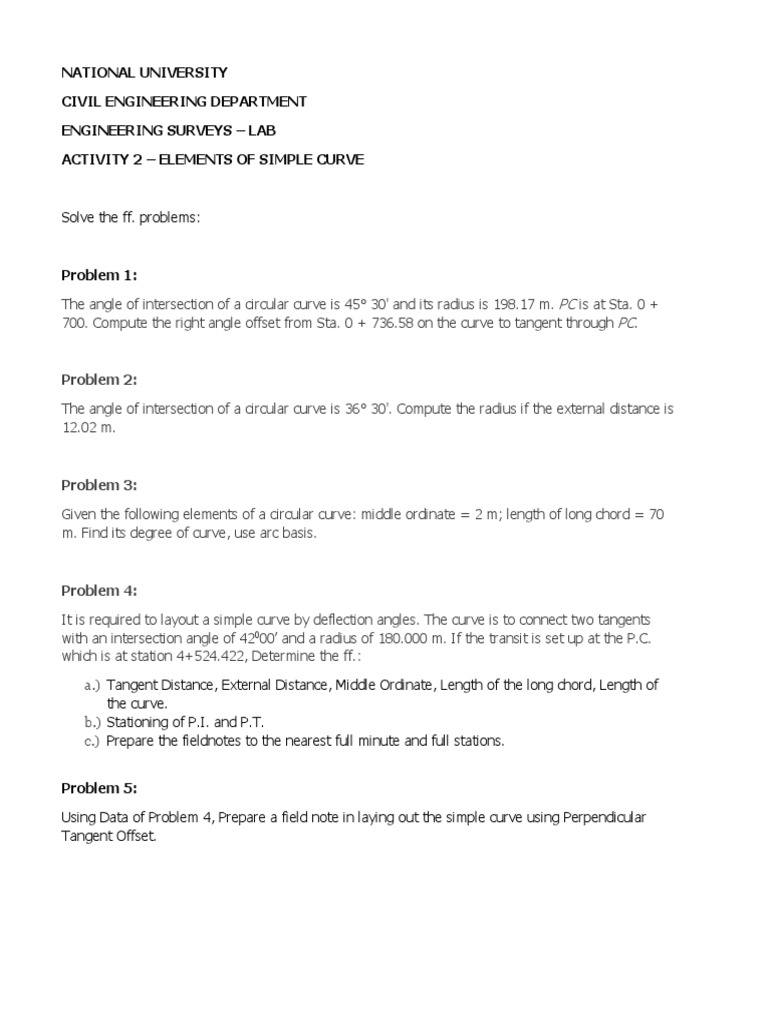 Activity 2 - Elements of Simple Curve | PDF