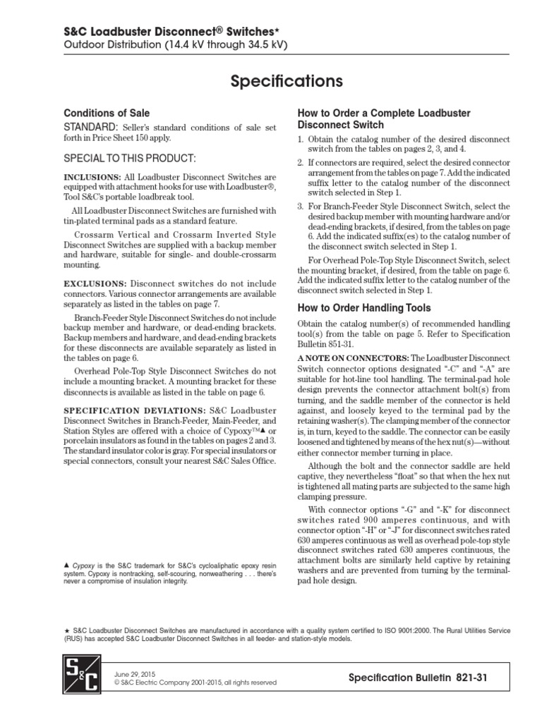 Specifications: S&C Loadbuster Disconnect Switches | PDF | Washer ...