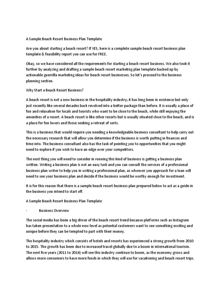 Beach Resort Business Plan Template | PDF | Advertising | Swot Analysis