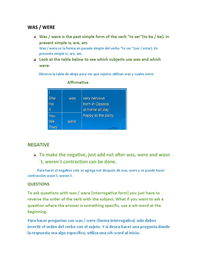 Was / Were: Was / Were Is The Past Simple Form of The Verb "To Ser" (To ...