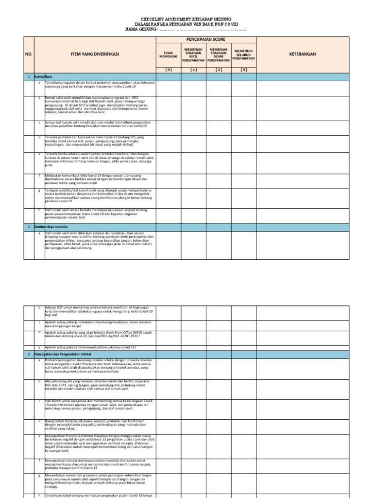 Checklist Asesmen Gedung Win Back Non Covid | PDF