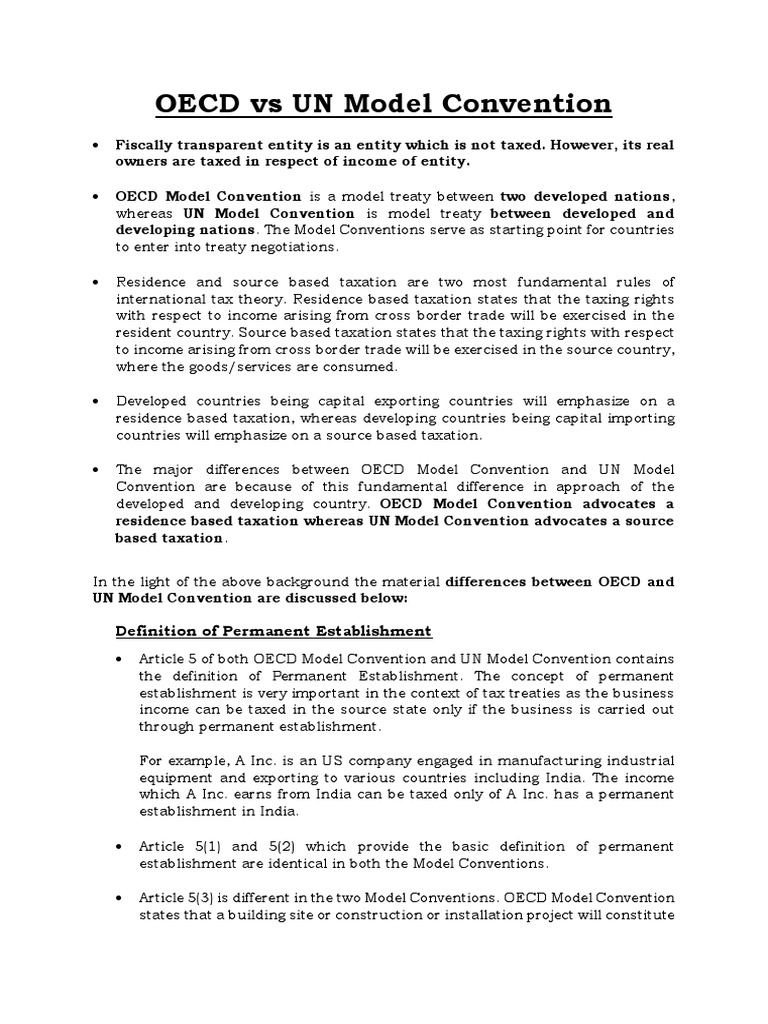 OECD vs UN Model Tax Convention Differences | PDF | Permanent ...