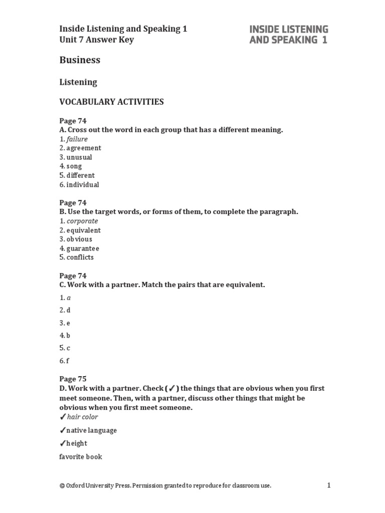 Business: Inside Listening and Speaking 1 Unit 7 Answer Key | PDF ...