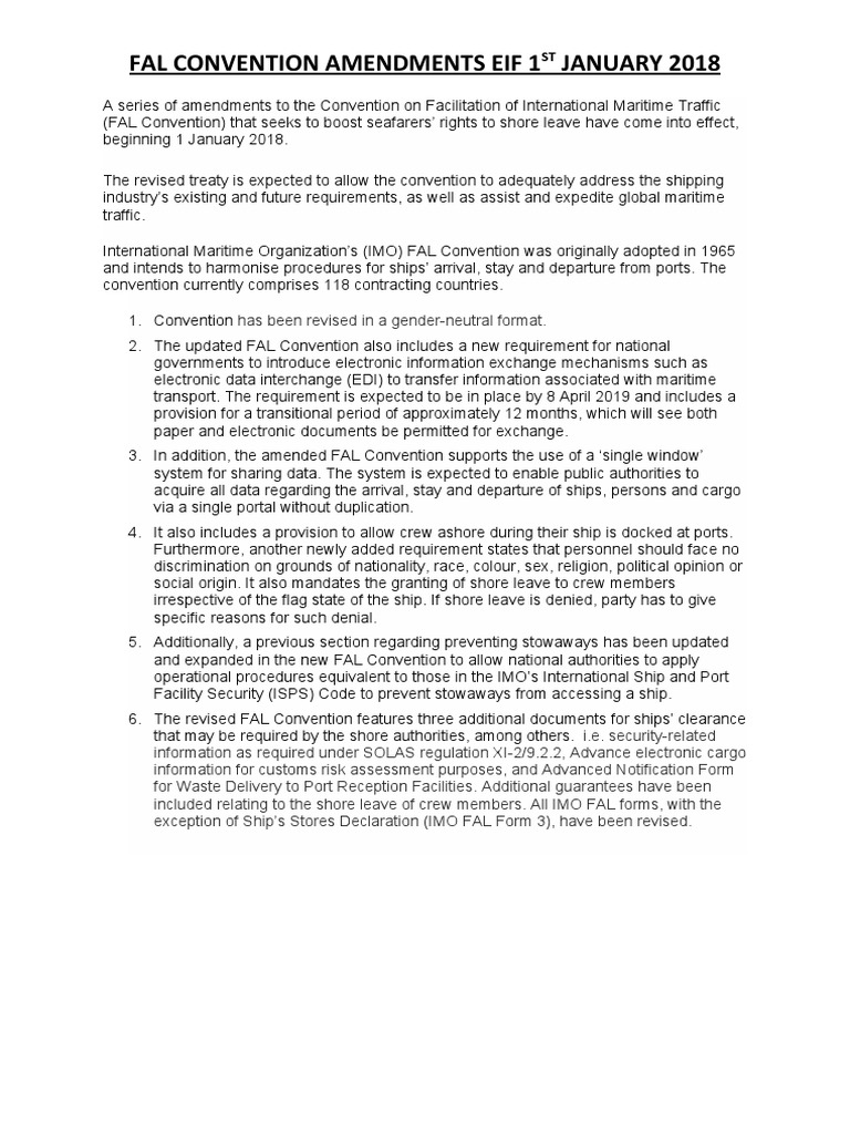 Fal Convention Amendments Eif 1 JANUARY 2018 | PDF | Transport | Waterway And Maritime