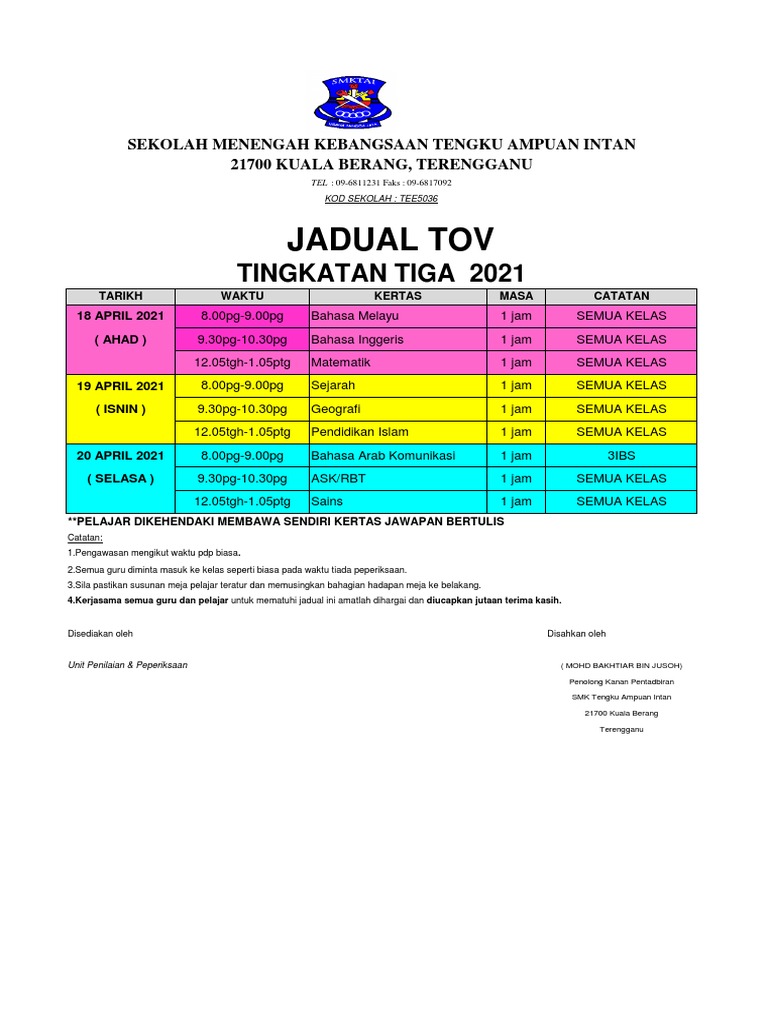 Jadual Tov T3 2021 | PDF