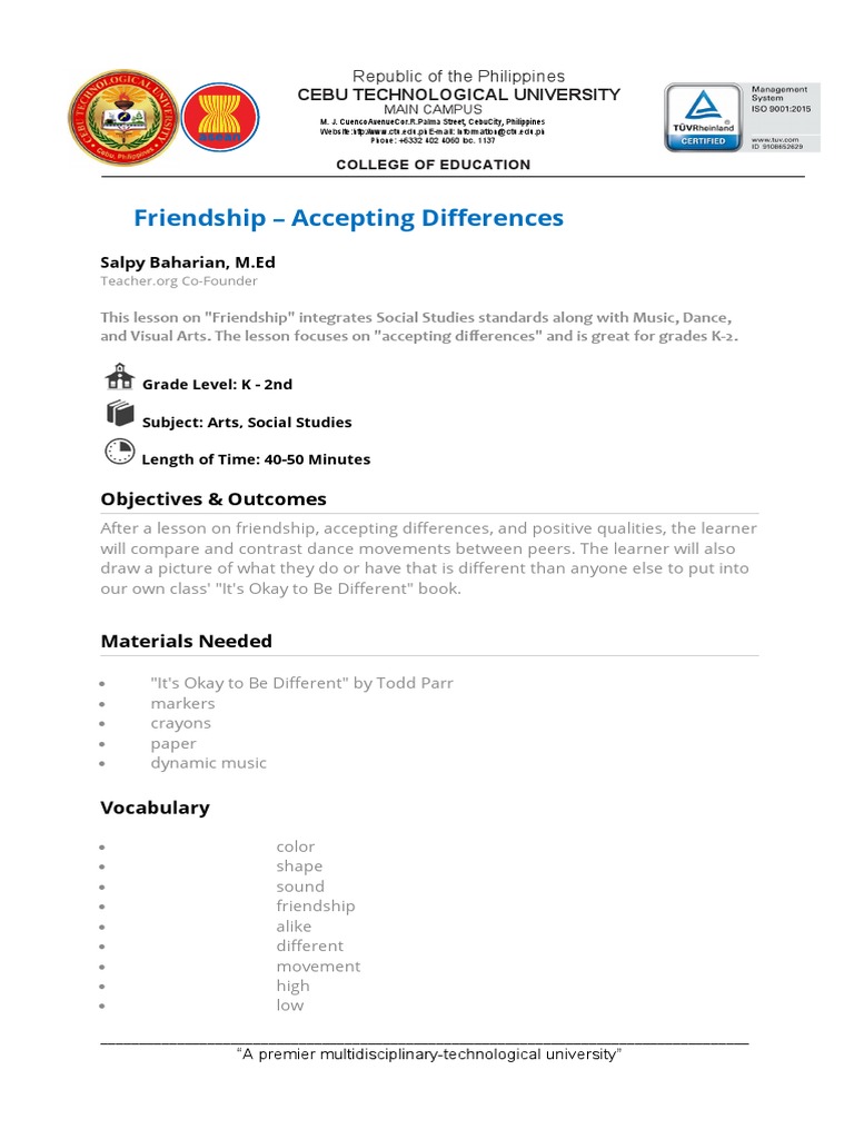 Friendship - Accepting Differences: Objectives & Outcomes | PDF ...