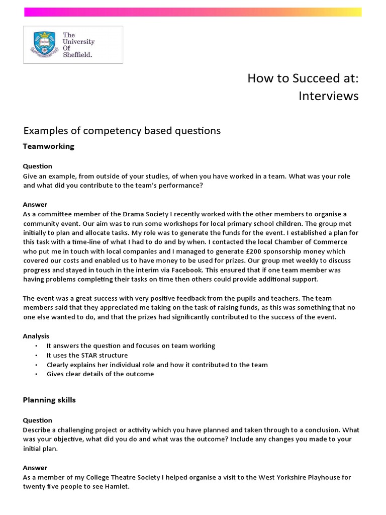 How To Succeed At: Interviews: Examples of Competency Based Questions | PDF | Communication ...