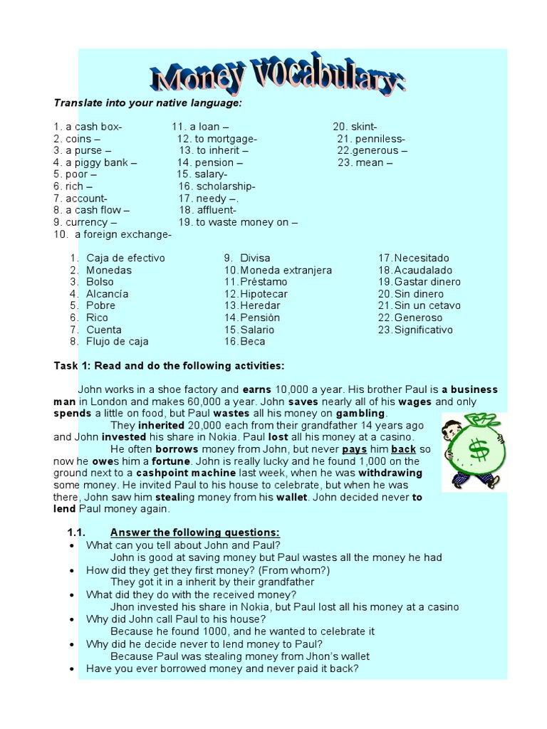 VOCABULARY 1 UNTI 10 Money | PDF | Financial Services | Banking