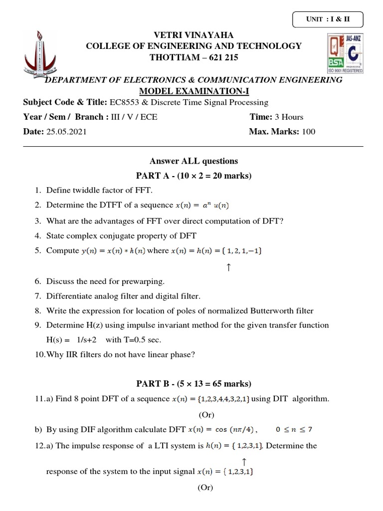 Ec8553 DTSP Model 1 | PDF | Discrete Fourier Transform | Fast Fourier Transform