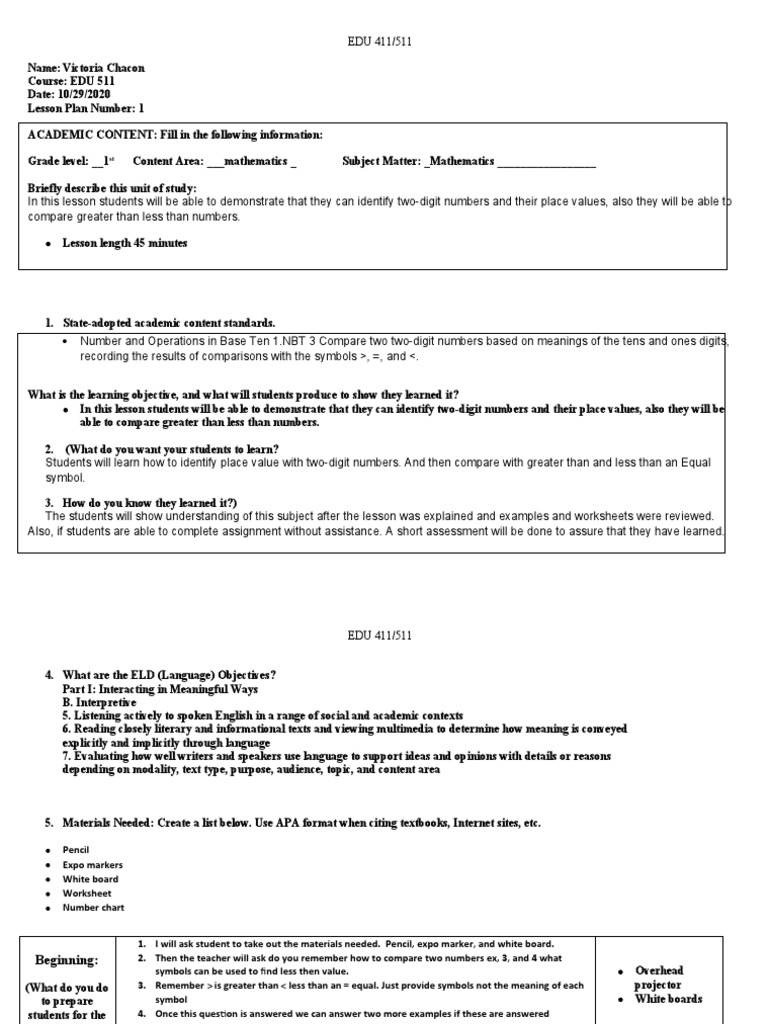 1st Grade Greater Than, Less Than Lesson Plan | PDF | Worksheet ...
