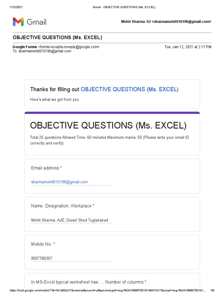Objective Questions (Ms. Excel) : Thanks For Filling Out | PDF ...