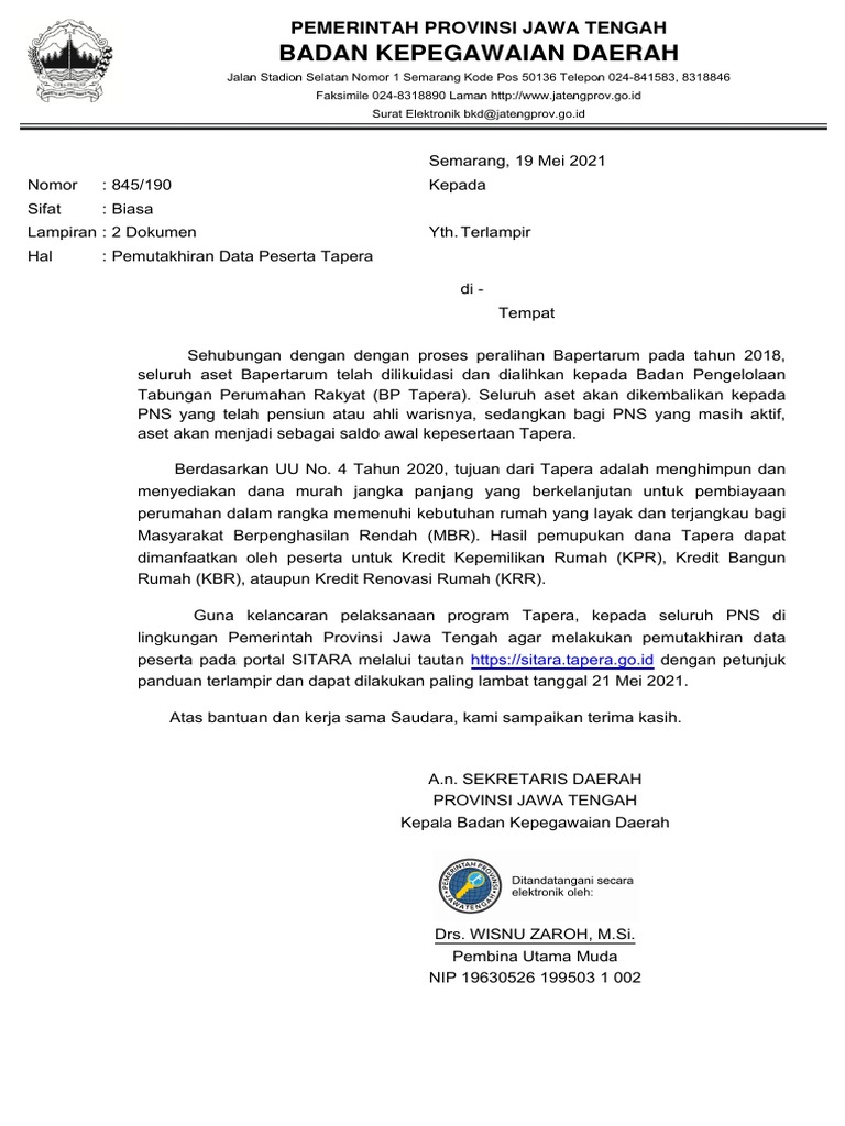 Surat Pemutakhiran Data Peserta Tapera | PDF