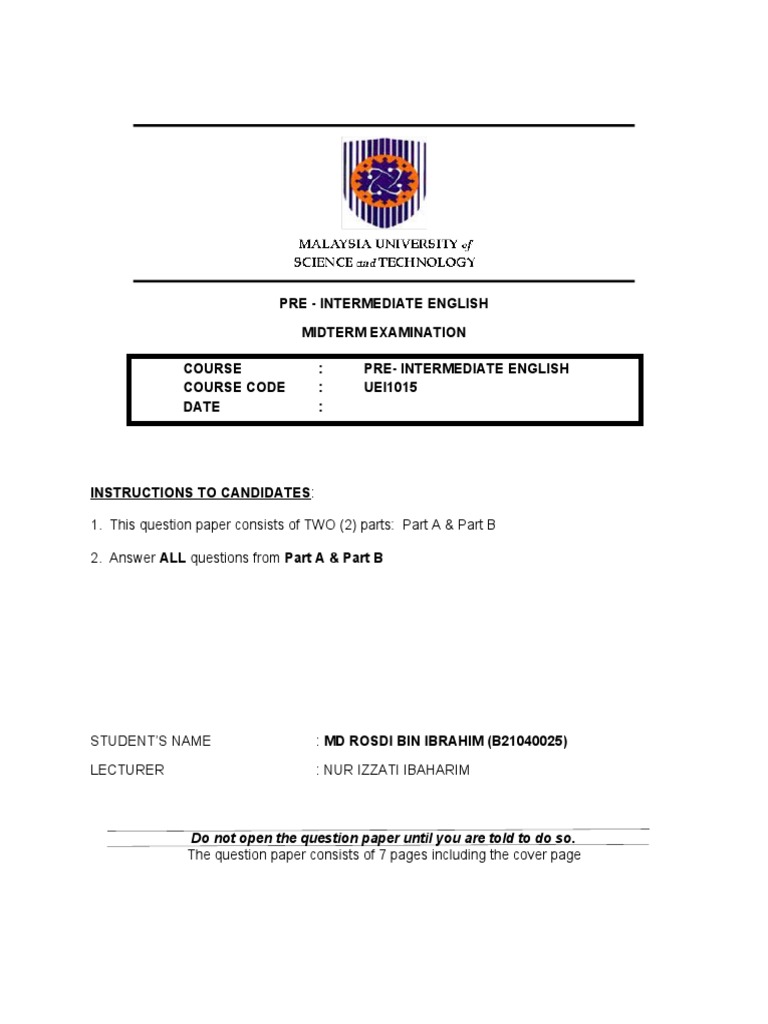 Pre-Intermediate English Midterm Exam | PDF | Bacteria | Part Of Speech